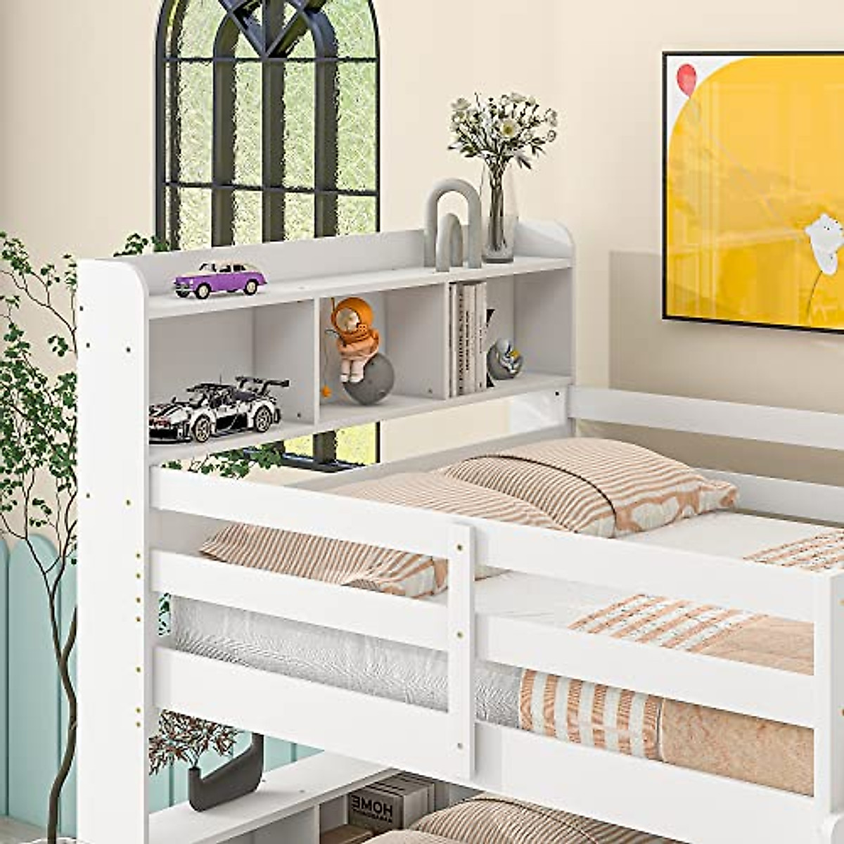 Harper & Bright Designs Full Over Bunk Beds with Bookcase Headboard, Solid Wood Bed Frame Storage, Safety Rail and Ladder, Kids/Teens Bedroom, Can Be converted into 2 Beds, White