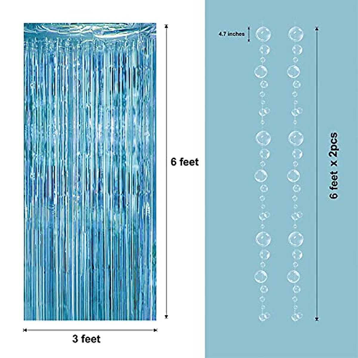 Ocean Blue Under the Sea Party Decoration Tinsel Foil Fringe Curtain Backdrop with Hanging White Bubble Garland for Mermaid Birhthday Party Wedding Engagement Photo Background Bridal Baby Shower Birthday Sweet 16 Party Supplies