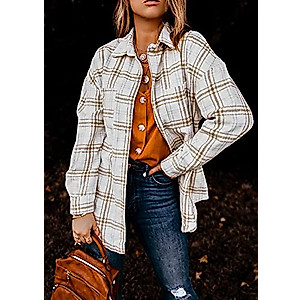 PRETTYGARDEN Women's 2023 Fall Clothes Plaid Shacket Jacket Long Sleeve Button Down Flannel Shirts Fashion Blouse(Plaid Khaki,Large)
