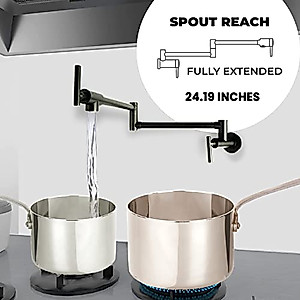 Black Pot Filler Faucet Commercial, Wall Mount Brass Faucet Kitchen Double Joint Spout Swing Arm Folding Stretchable Single Hole Two Handles for Hot or Cold Water