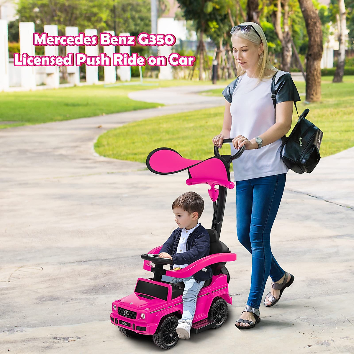 HONEY JOY Push Cars for Toddlers, Mercedes Benz Kids Toy Car w/Push Handle & Detachable Guardrail, Horn & Engine Sound, Seat Storage, Foot-to-Floor Ride On Push Car for Boys Girls(Pink)