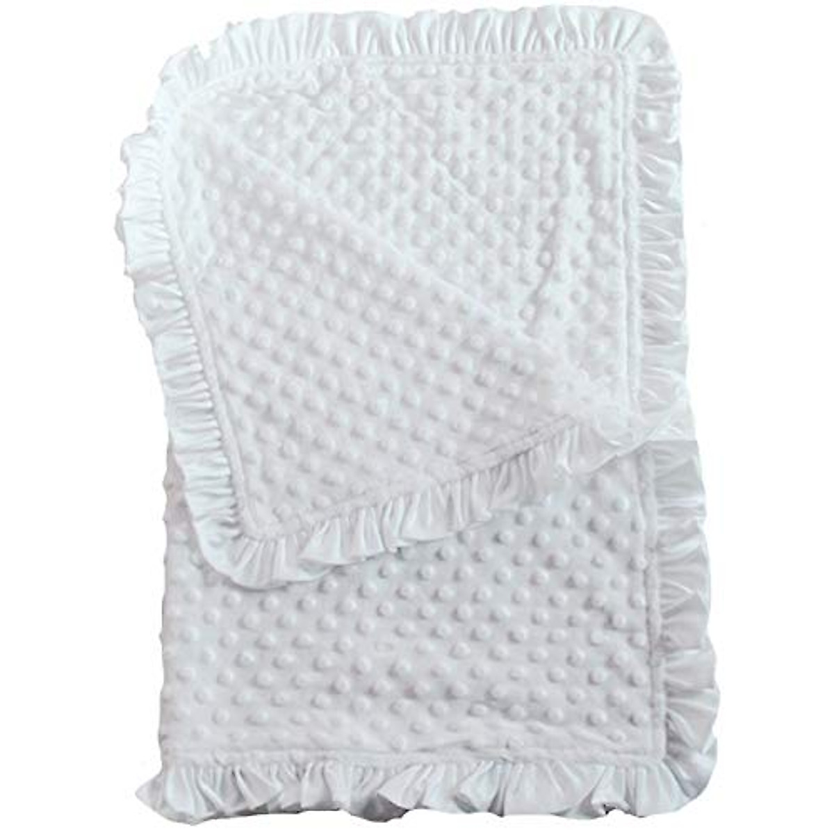 Snuggle Stuffs White Minky Dot & Satin Ruffle Newborn Baby Christening Baptism Blanket - Small 30" x 40"