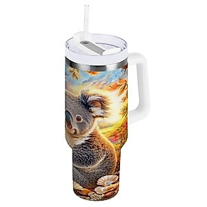 Slewiaeky Koala Spring Skinny 40 oz Tumbler with Handle Straw and Lid Beach Stainless Steel Vacuum Insulated Reusable Water Bottle Glasses Travel Mug Thermal Cup for Home Office Car