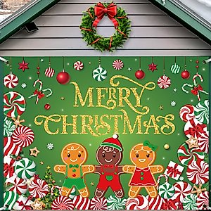 Christmas Candy Garage Door Decoration Merry Christmas Garage Door Banner Cover Peppermint Candy Cane Gingerbread Man Garage Backdrop for Xmas Eve Holiday Outdoor Wall Decor, 7 x 9 ft