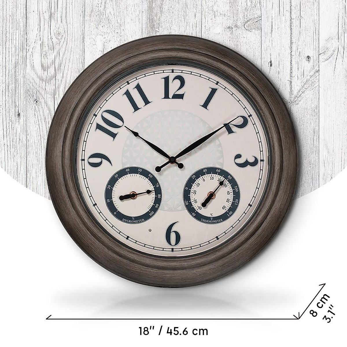 Presentime & Co 18" Farmhouse Outdoor Luminous Clock with Weather Thermometer & Hygrometer, Weather Station, Night Light with Smart Sensor - Grey Oak Finish, Outdoor Lights & Decoration.