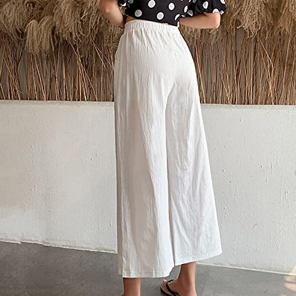 CPXUTFP Women's Cotton Linen Wide Leg Pants Casual Elastic Waistband Loose Fit Palazzo Pants Lounge Flowy Cozy Slacks Trouser White