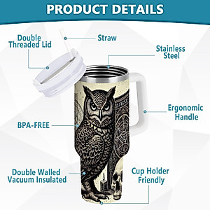 ODAWA Mystic Owl Skull Coffee Tumbler with Lid and Straw Insulated Mug 30 Oz Stainless Steel Water Bottles
