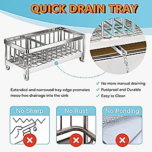 JYFKINN Kitchen Sink Sponge Holder, Kitchen Sink Caddy 304 Stainless Sponge Holder for Kitchen Sink Sponge Organizer with Divider Diversion Drainage, Dish Soap Dispenser Brush Holder Storage