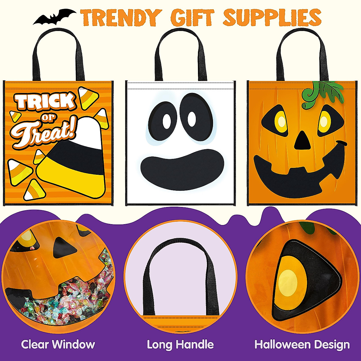 JOYIN 3 PCS Halloween Large Tote See-through Bags 22.5” x 13.75” Grocery Tote Trick or Treat Grocery Goody Bags for Trick or Treating, Grocery Shopping and More