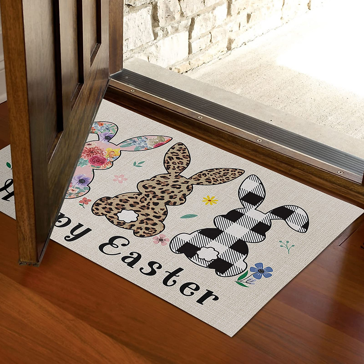 Easter Bunny Doormat - Happy Easter Rabbit Farmhouse Indoor Doormat Seasonal Spring Easter Holiday Floor Mat Low-Profile Rug for Home Office 20" x 31.5"