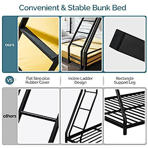 VINGLI Metal Bunk Bed Twin Over Full, Flat Steps, Black