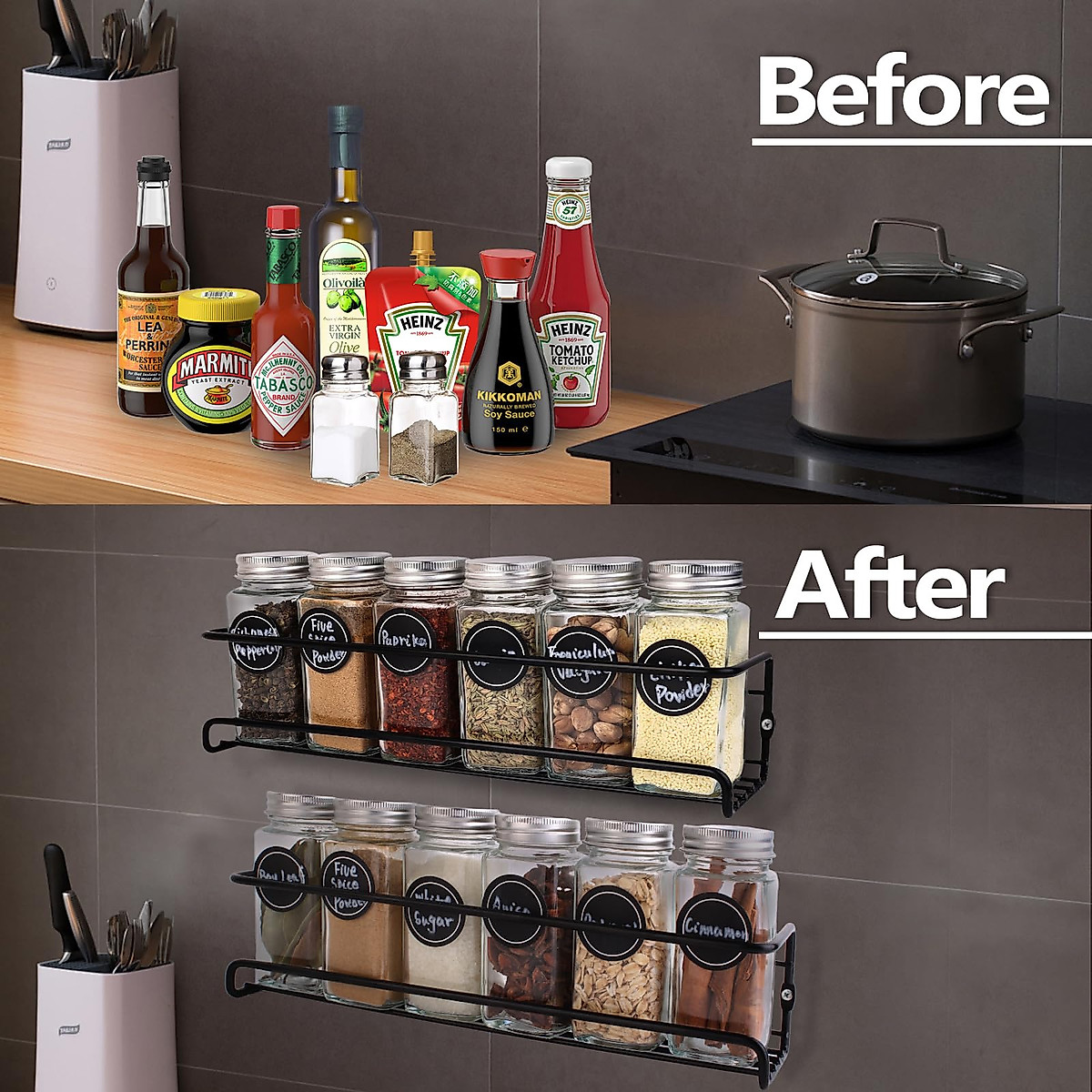 PNHYTUGY Spice Rack Wall Mount, 4 Pack Hanging Spice Rack with 24 Spice Jars, 180 Spice Labels, Whiteboard Marker & Funnel, Screw or Adhesive Spice Rack Organizer for Cabinet.Wall.Metal