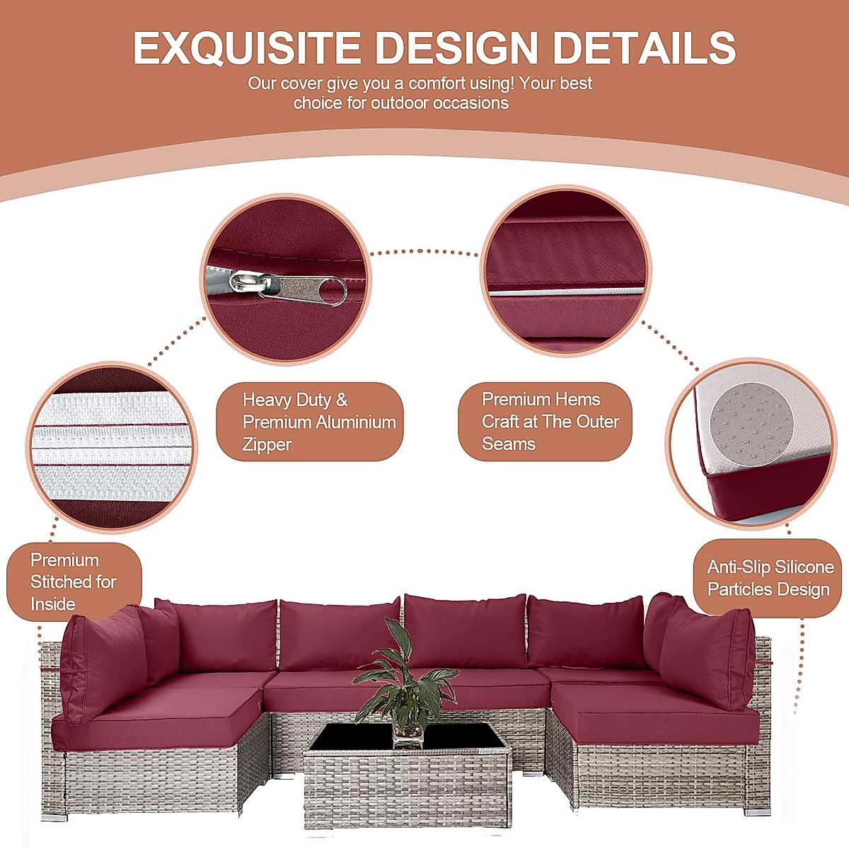 Hsohriif Outdoor Sectional Cushions Cover, 14 Piece Patio Cushion Covers Replacement, Fits 6 Seat Wicker Rattan Couch Furniture, Conversation Set, Waterproof Slipcovers with Zipper, Medium,Burgundy