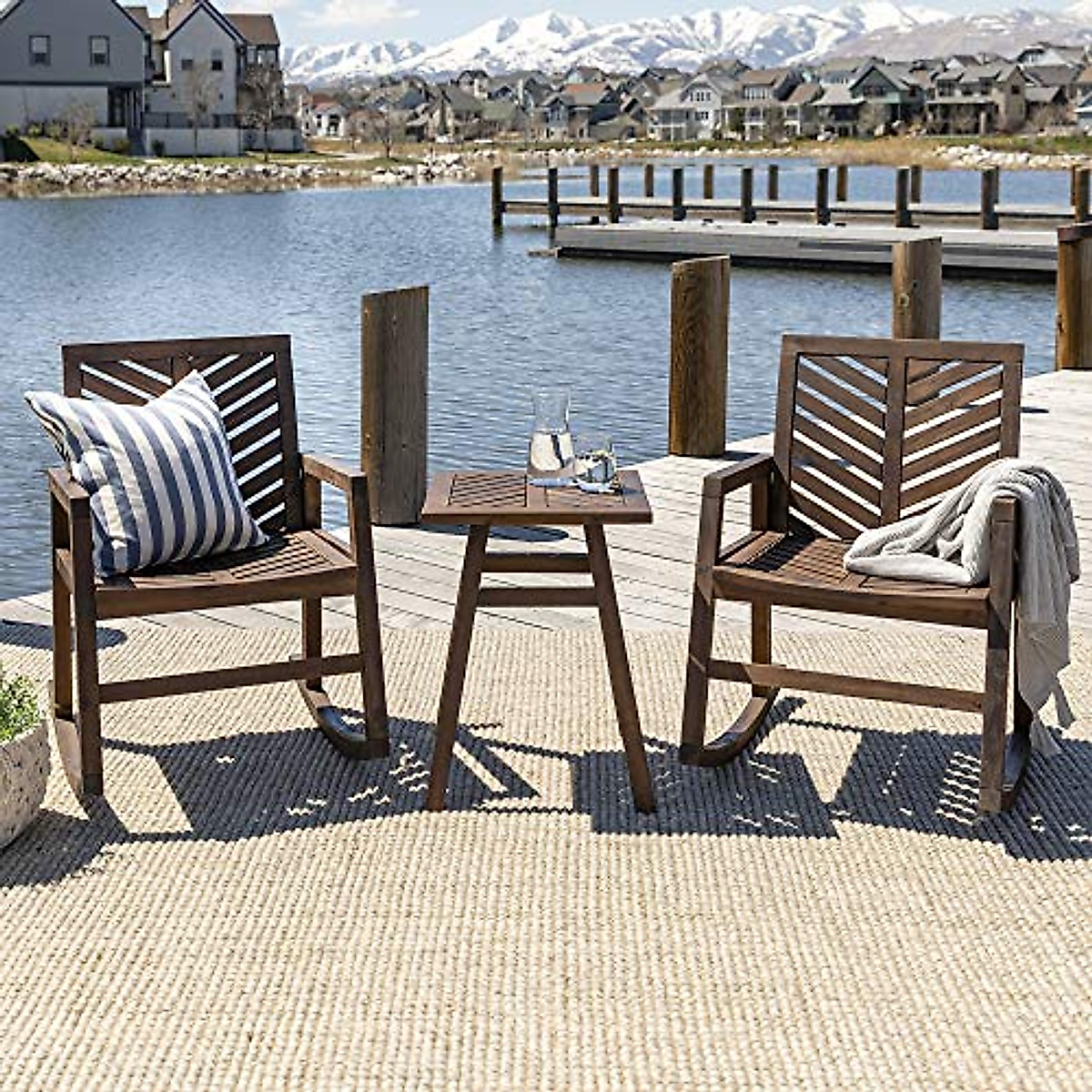Walker Edison AZOWVINRCDB-3 Antigua Modern 3 Piece Chevron Solid Acacia Wood Outdoor Rocking Chair Set, Dark Brown