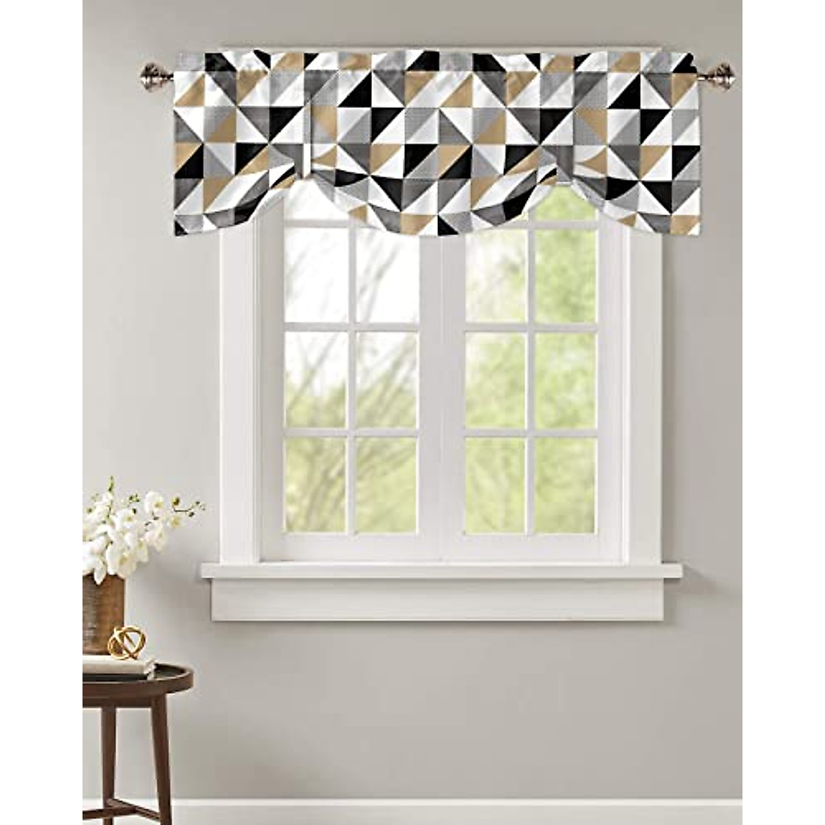 Kitchen Curtains, Simple Black and White Gold Triangle Pattern Valances for Windows, Short Curtains Rod Pocket Bathroom Curtains Window, Kitchen Window Curtains Over Sink, 54x18in Valances for Kitchen