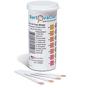 pH 1-14 Wide Range Test Strips [Moisture-Proof Vial of 100 Strips] Made in USA