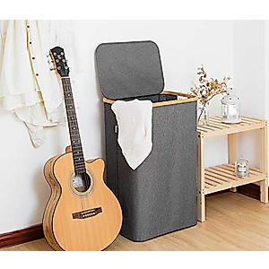 Lonbet - Grey Laundry Hamper with Lid - XL 100 L - Large Hampers for Laundry with Handles - Laundry Baskets with Lid for Bedrooms - Bamboo Bathroom Tall Laundry Bin