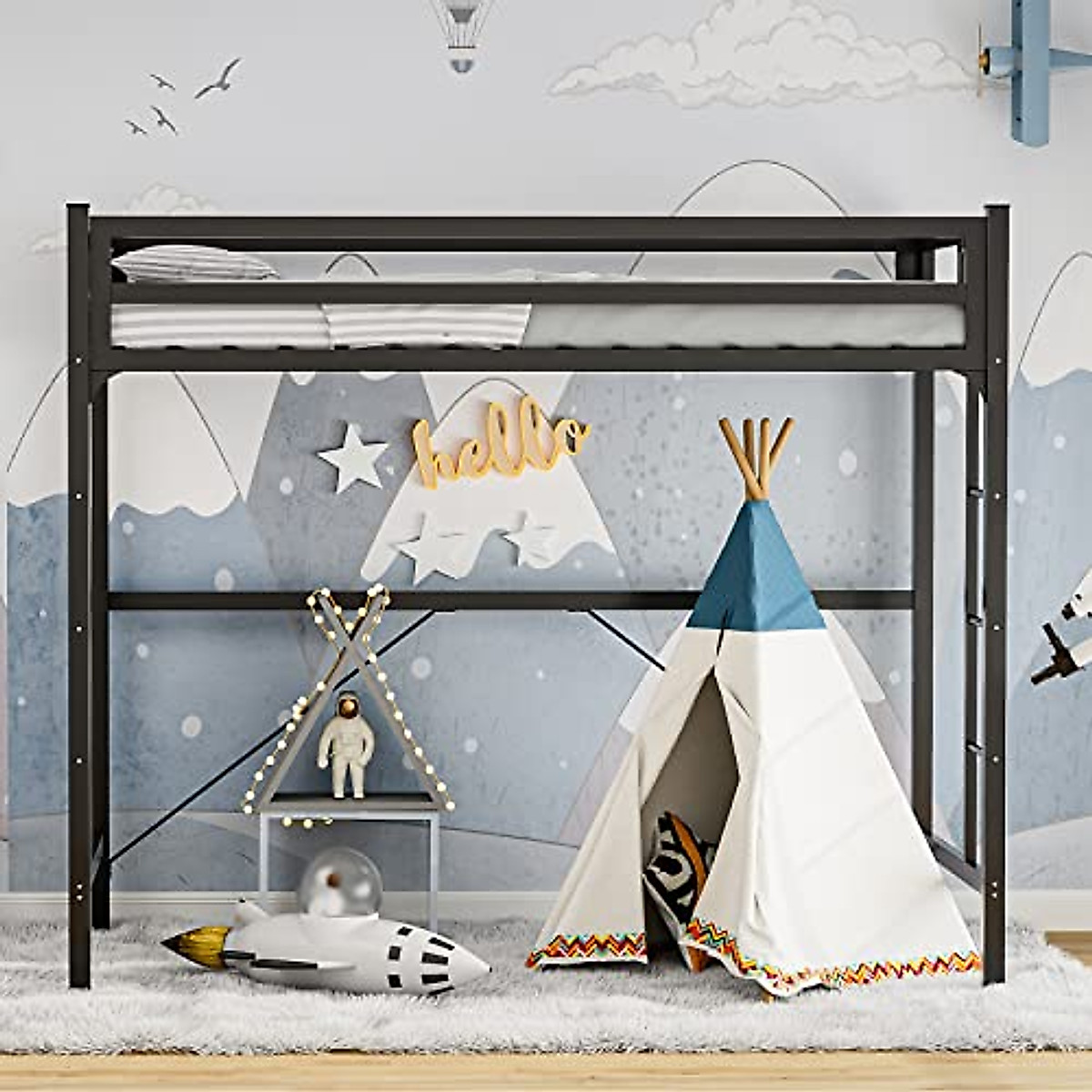 IKIFLY Metal Loft Bed Twin Size, Heavy Duty Junior Loft Bed Frame with 2 Ladders & Safety Guard Rail, Noise Free, Space-Saving, No Box Spring Needed - Black