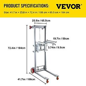 VEVOR 41.7" L x 25.8" W x 72.4" H Manual Winch Stacker, with 2.4" - 63" Height Range and 551 lbs Capacity, Adjustable Straddle Hand Winch Lift Truck, Material Lifts for Warehouse and Factory