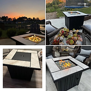 OutVue 30" Propane Fire Pit with Real Ceramic Tabletop, 50000 BTU Gas Fire Pit Table with Lid & Glass Rock, Outdoor Fire Pit for Dining or Party, Firepit for Outside, Patio, Garden, Yard