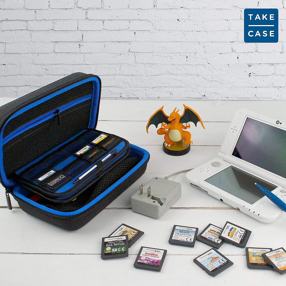 New 3DS XL Case by TAKECASE - Compatible with New 2DS XL - Travel Carrying Case Includes XL Stylus, Protective Hard Shell, 16 Game Storage, Accessories Pouch - Blue/Black [UPDATED FEB 2018]