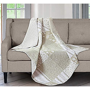 SLPR Silent Reverie 50" x 60" Throw: Reversible Quilted Blanket for Summer, Floral Tan Quilt, Lightweight Lap Comforter, Stripes and Flowers Coverlet, Spring Couch Throw, Soft and Comfortable Throw