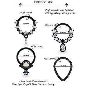 Vsnnsns 16G Septum Rings Piercing Jewelry Septum Jewelry CZ Clicker Ring Stainless Steel Septum Hinged Segment Nose Rings Hoop Piercing Jewelry for Men Women 10mm 5pcs Black