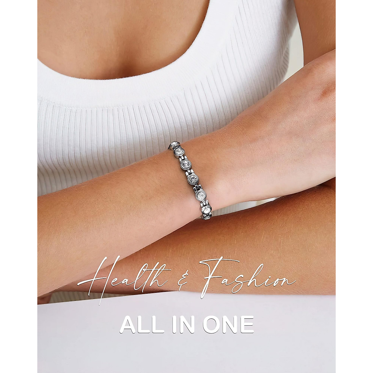 Feraco Magnetic Bracelet for Women Titanium Steel Magnetic Bracelets with Gorgeous Sparkling Cubic Zirconia Costume Jewelry Christmas Gifts (Silver)