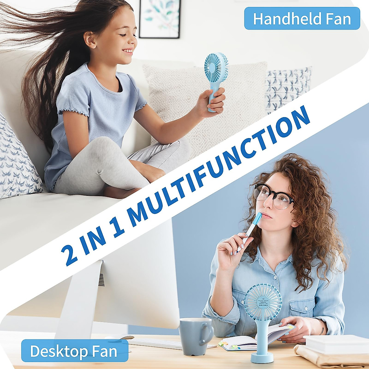Mini Handheld Fan Portable, Small Portable Hand Held Fan with USB Rechargeable Battery, 3 Speed Personal Desk Table Fan with Base, Makeup Eyelash Fan for Women Kids Travel Indoor Outdoor, Blue