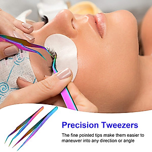 2 Pieces Straight and Curved Tip Tweezers Eyelash Extension Tweezers, Stainless Steel False Lash Application Tools (Iridescence)