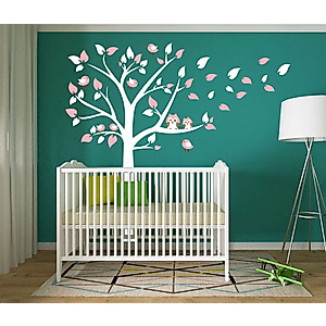 LUCKKYY Cute Owls with Birds Stand on The Tree Wall Decals Tree Wall Decals Tree Wall Sticker for Kid Baby Nursery Room (87x78") (Pink.)