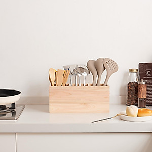 TREOAKWIS Utensil Holder Extra Large, Hinoki Cypress Wood Utensil Organizer Holder, 3 Compartment Kitchen Countertop Utensil Caddy Crock Counter Organizer and Cooking Tools Storage