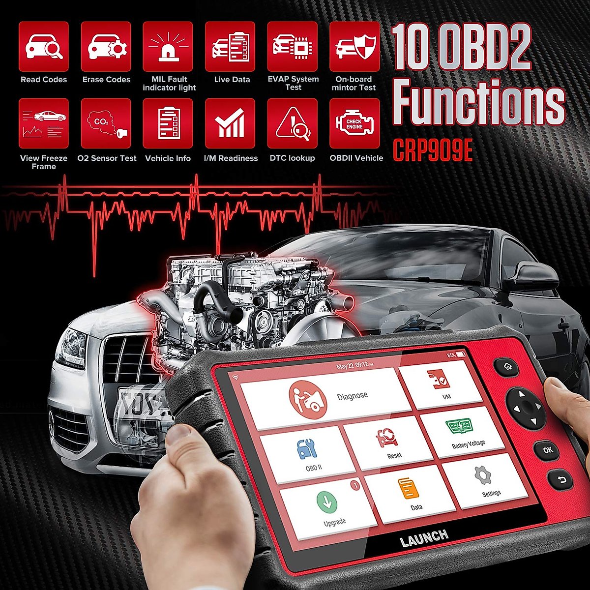 2024 LAUNCH CRP909e Full System OBD2 Scanner, OE-Level Diagnostic Tool, 28+ Reset Scanner, Injector Coding, ABS Bleeding, Auto Vin 2 Yrs Free Update