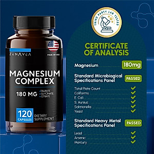 Zenavea - Triple Magnesium Complex Supplement (120 Vegan Capsules) - 180mg of Magnesium Glycinate Taurate and Citrate - Calm Magnesium Complex Supplements