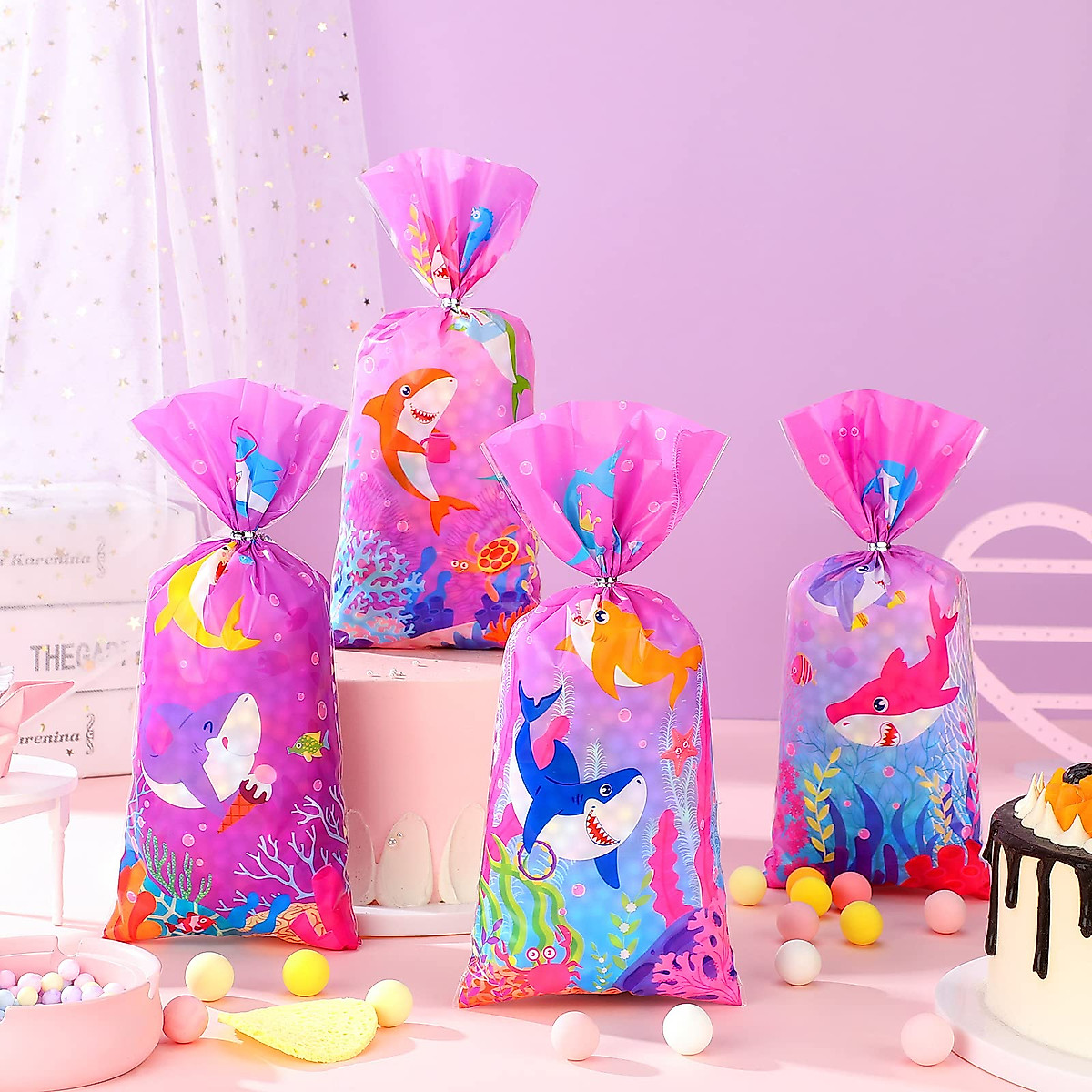 Hotop 100 Pcs Cute Baby Pink Shark Cellophane Bags Pink Shark Gift Treat Bags Plastic Goodie Candy Bags with 150 Ties Shark about 27.5 X 12.5 cm