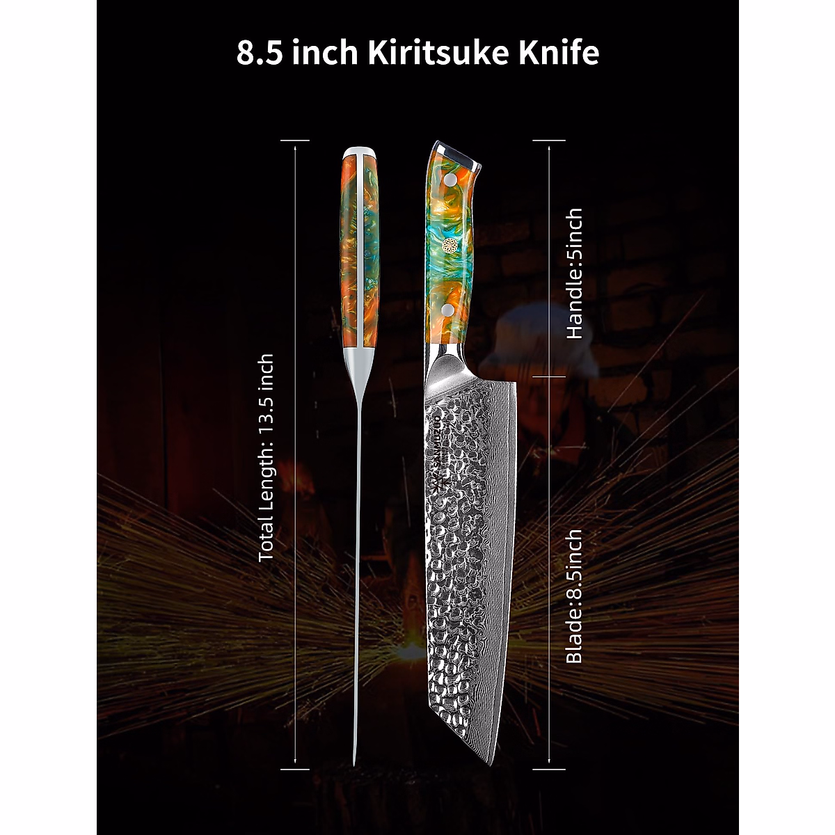 SANMUZUO 8.5" Kiritsuke Knife - Professional Kitchen Chef Knife - Hammered Damascus Steel & Resin Handle - YAO Series