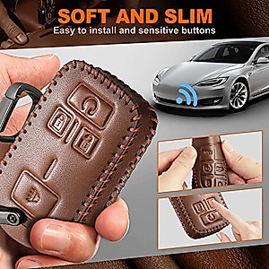 Slohif for Chevy Chevrolet Leather Key Fob Cover Accessories for Silverado Colorado GMC Sierra Canyon 2014-2019 4 Buttons, Leather Case+D-Ring+Hook(Brown)