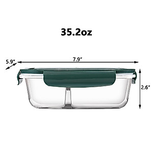 ATRDTO 5Pack35oz Glass Food Storage Containers with Lids-Meal Prep Containers 2 Compartments-Airtight Lunch Containers Bento Boxes with Snap Locking Lids for Microwave Freezer Oven