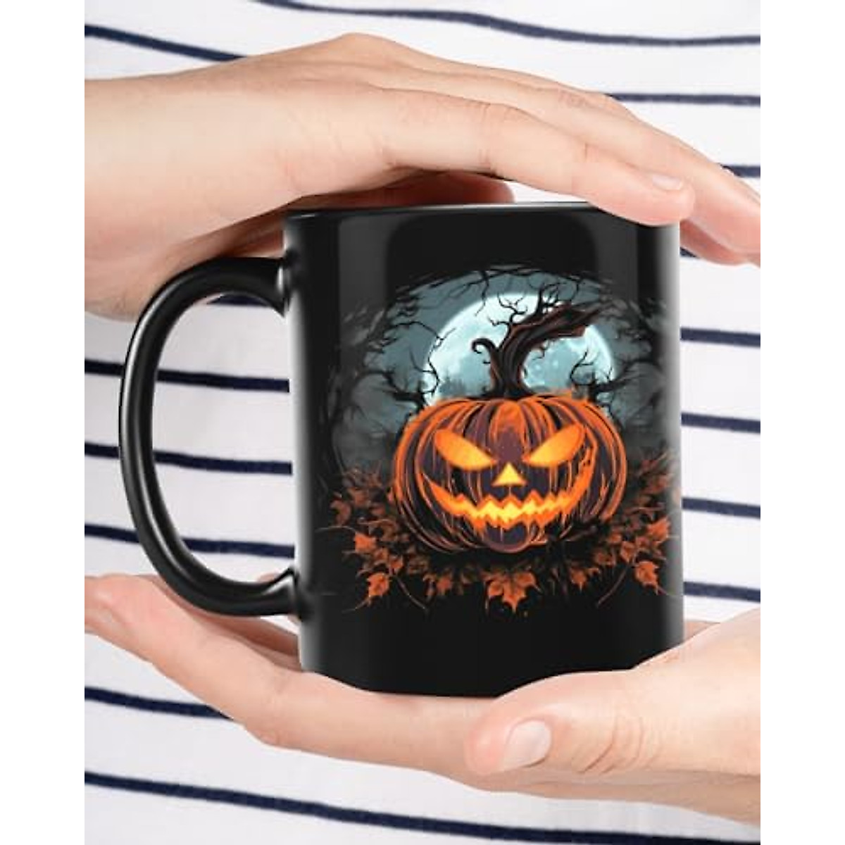 ATMTEE Halloween Night With Haunted Tree and Pumpkins Black Mug 11oz, Funny Gifts for Mens, Womens, Kids (11oz, Black)
