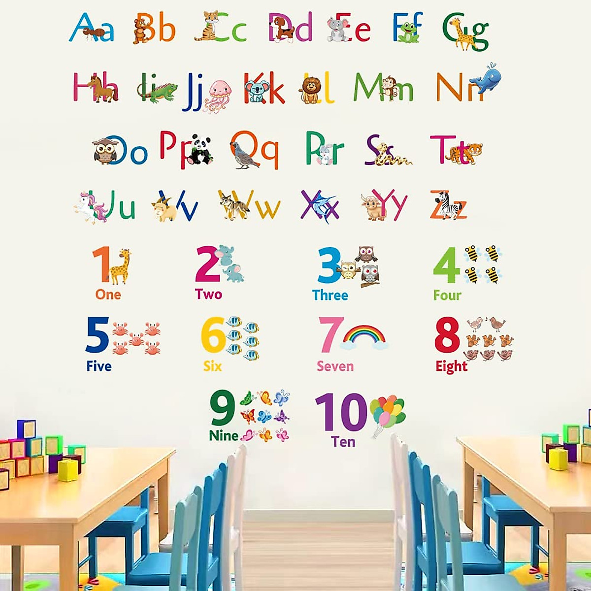 Animal Alphabet Wall Decals ABC Stickers Alphabet Number Wall Decals Wall Decals Peel and Stick Educational Classroom Wall Stickers for Kids Nursery Bedroom Living Room Playroom Decorations.