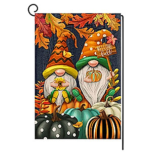 BLKWHT Fall Pumpkin Gnomes Small Garden Flag 12x18 Inch Vertical Double Sided Welcome Halloween Thanksgiving Maple Leaves Burlap Yard Outdoor Decor BW031-18