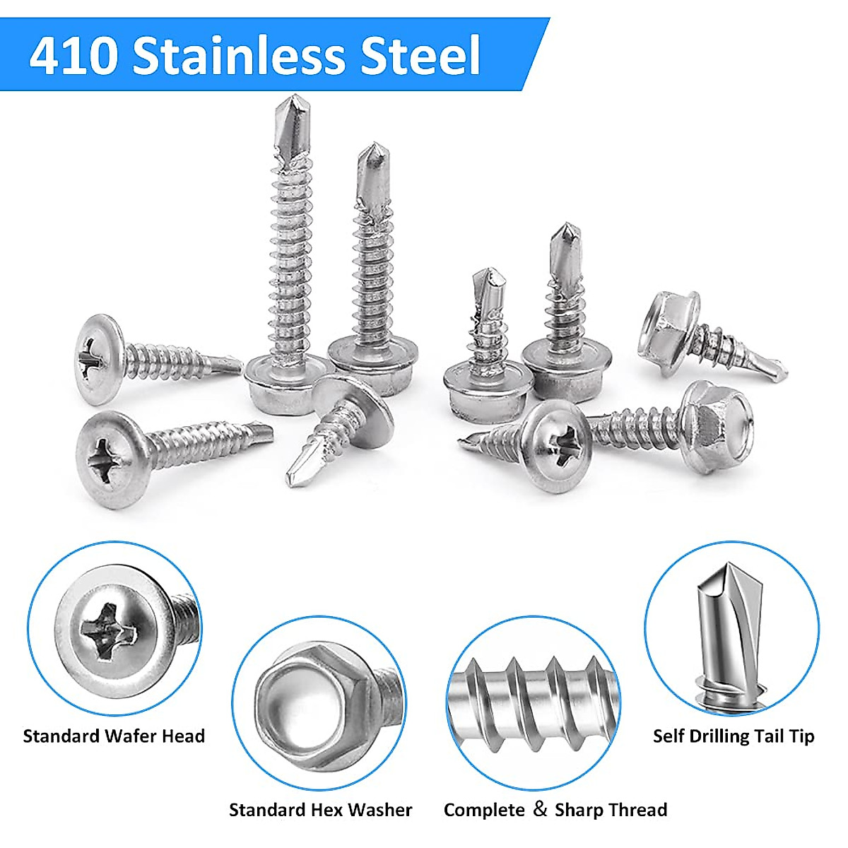 Self Drilling Screws, 420pcs Self Tapping Screws for Metal 410 Stainless Steel Sheet Metal Screws #8#10, CGBOOM Wafer Head&Washer TEK Head Screws for Building and Repair