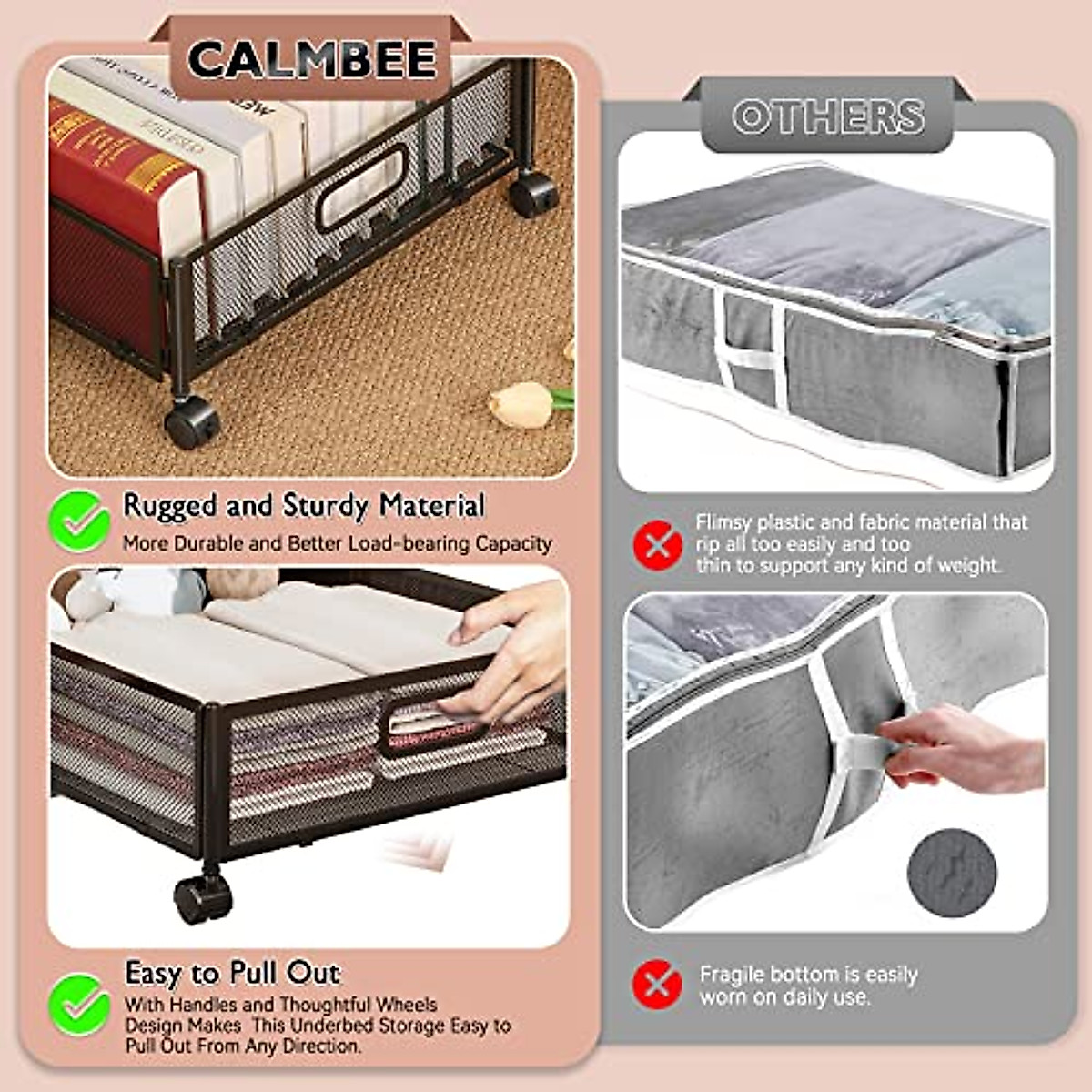 Under Bed Storage, Under Bed Storage Containers with Wheels and Handles, Foldable Heavy Duty Metal Under Bed Shoe Storage Organizer, Under Bed Storage Drawer for Blanket, Clothes, Toy, Book, 2 Pack