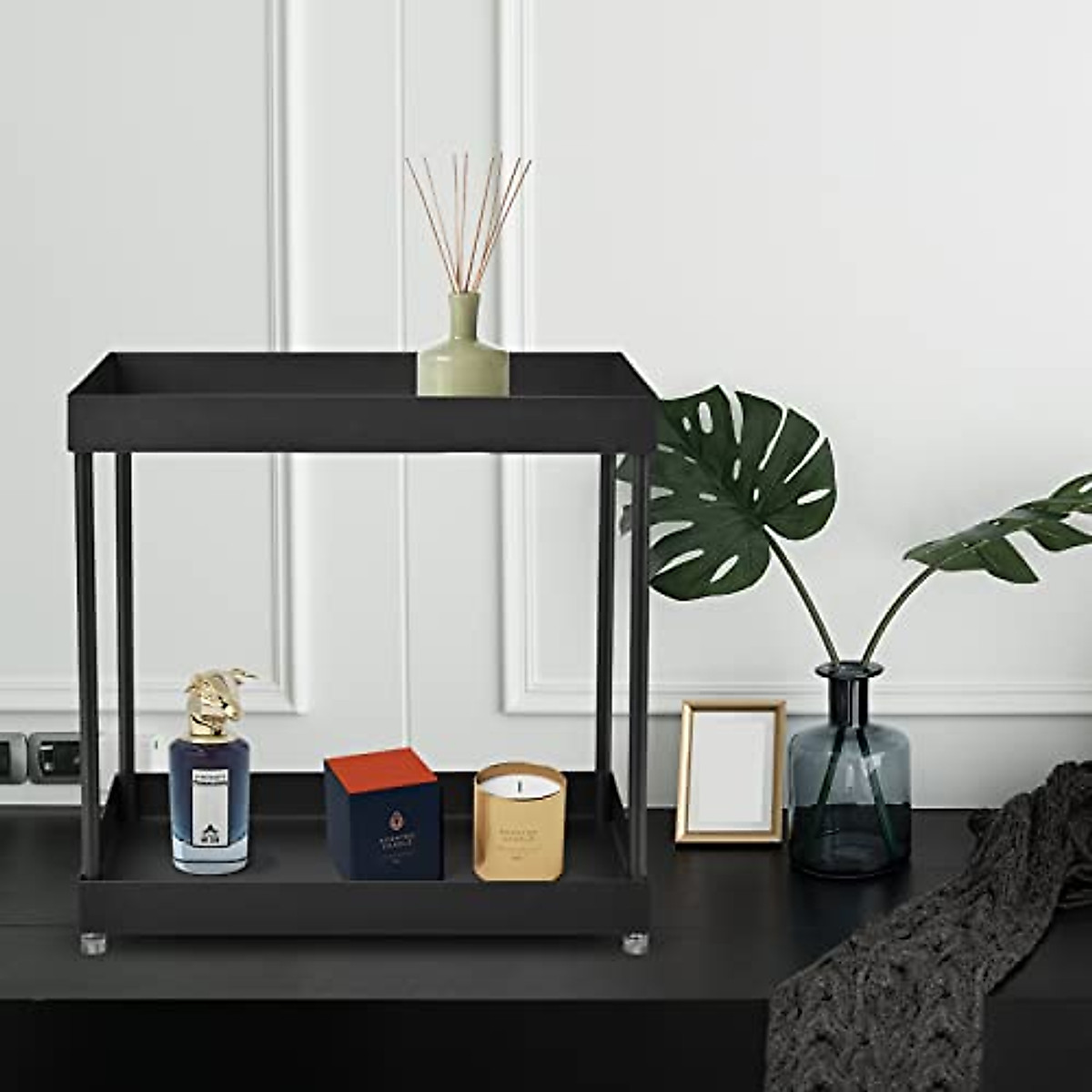 2 Tier Bathroom Countertop Organizer, Counter Standing Rack Cosmetic Vanity Tray Kitchen Spice Rack Countertop Storage Shelf, Black