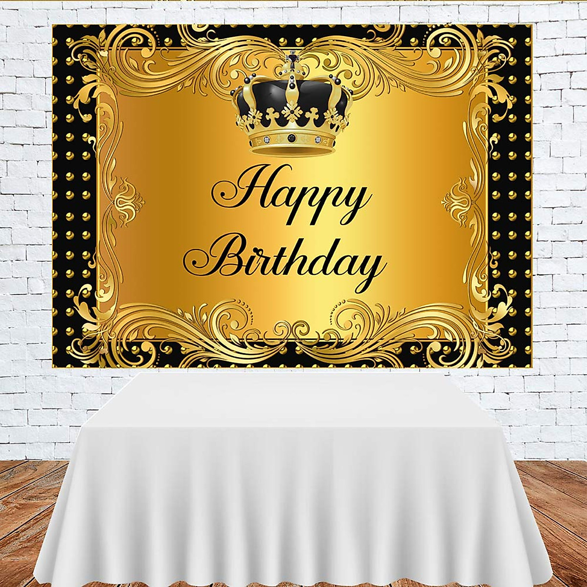 Lofaris Royal Little Prince Party Backdrop Black and Gold Crown Curtain Happy Birthday Background Little Boy First Birthday Party Decoration Supplies Cake Table Banner7x5ft