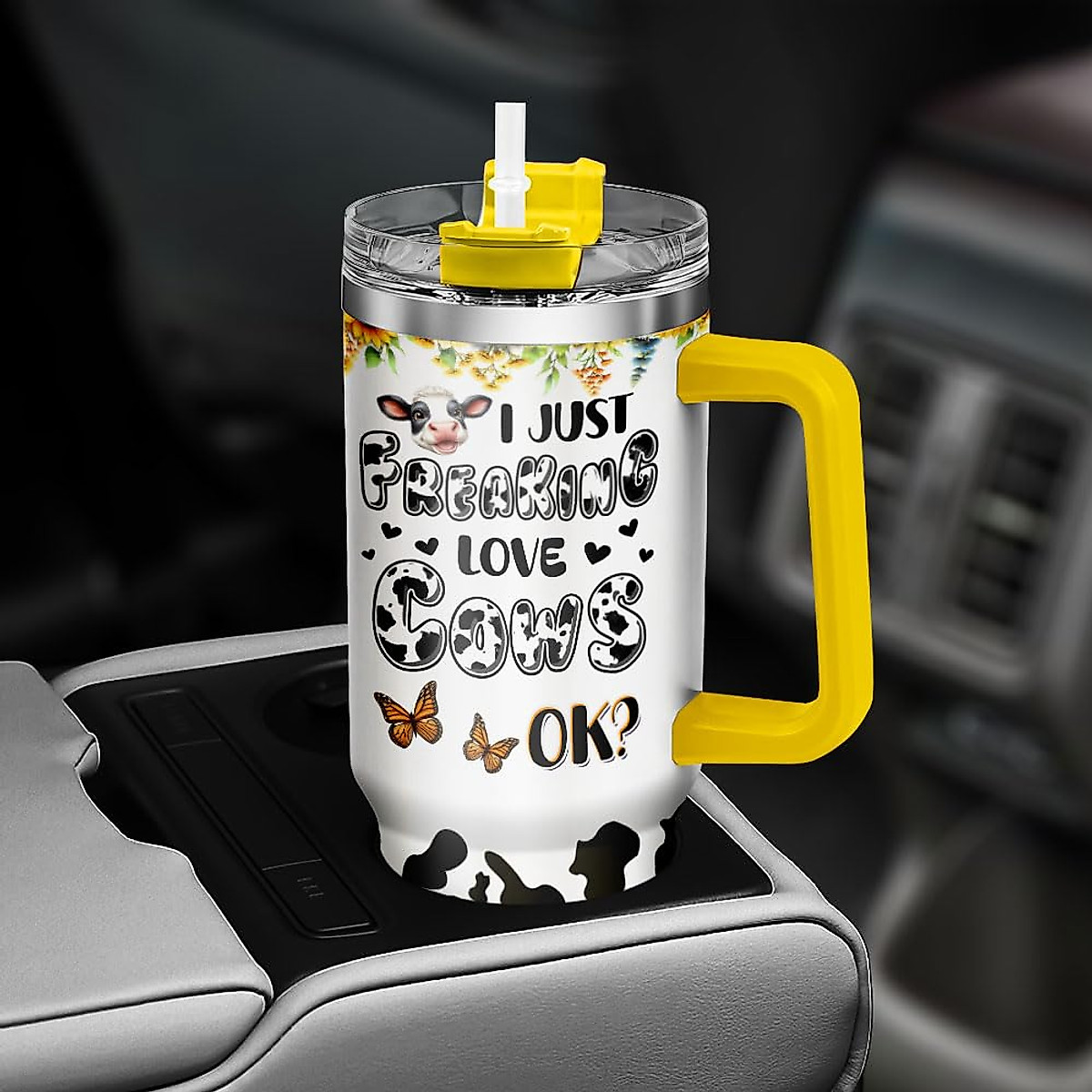 99OWL Cow Gifts, Tumbler 40 Oz With Handle Lid And Straw, Freaking Cow Sunflower, Funny Handle Cows Women Modern Adults Steel Print Coffee Tumblers Swig Simple Glitter Yellow Cups