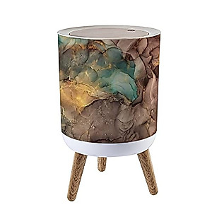 Small Trash Can with Lid Fluid Art Abstract colorful Mixing acrylic paints Modern art Marble Garbage Bin Wood Waste Bin Press Cover Round Wastebasket for Bathroom Bedroom Kitchen 7L/1.8 Gallon
