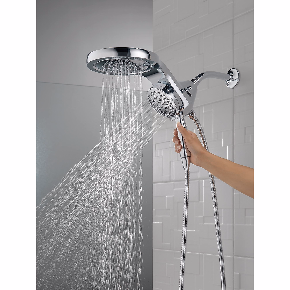 Delta Faucet HydroRain 5-Spray H2Okinetic Dual Shower Head with Handheld Spray, Chrome Shower Head with Hose, Handheld Shower Heads, Detachable Shower, 2.5 GPM Flow Rate, Lumicoat Chrome 58680-PR25