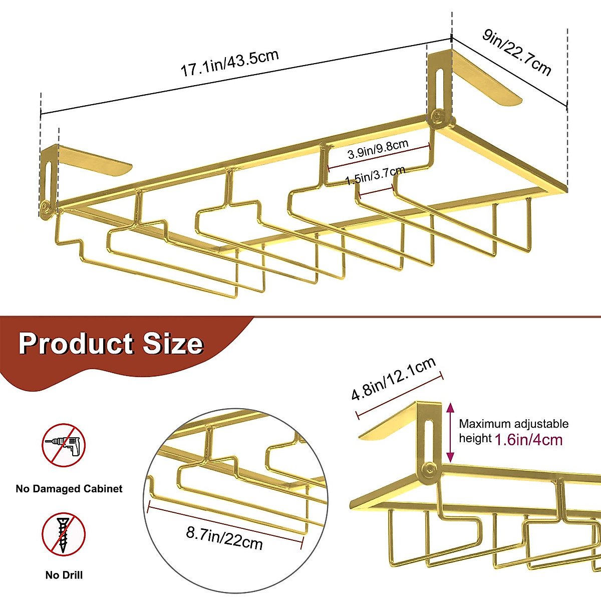 AUHOKY Adjustable Wine Glass Holder Under Shelf, Nail Free Metal Stemware Holder Storage Hanger, Hanging Wine Glasses Rack Organizer Under Cabinet Mount for Bar Kitchen (4 Rows, Gold)