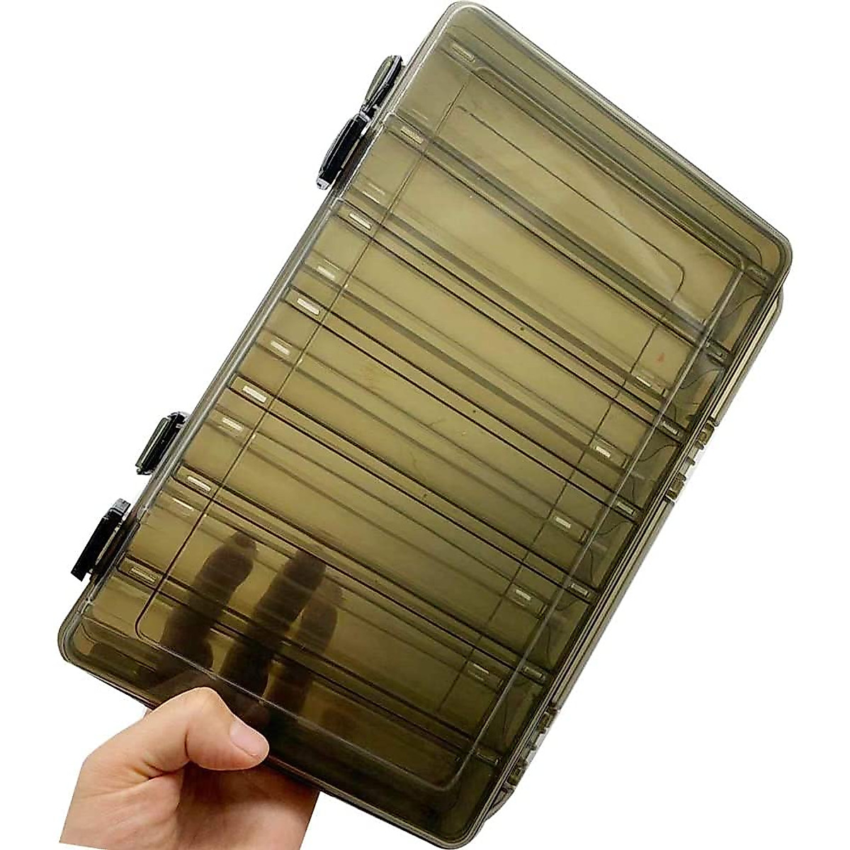 12/16 Compartments Double Sided Fishing Tackle Box Visible Hard Plastic Clear Fishing Lure Bait Squid Jig Minnows Hooks Accessory Storage Case Container (16-Compartment Double-Side Gray)